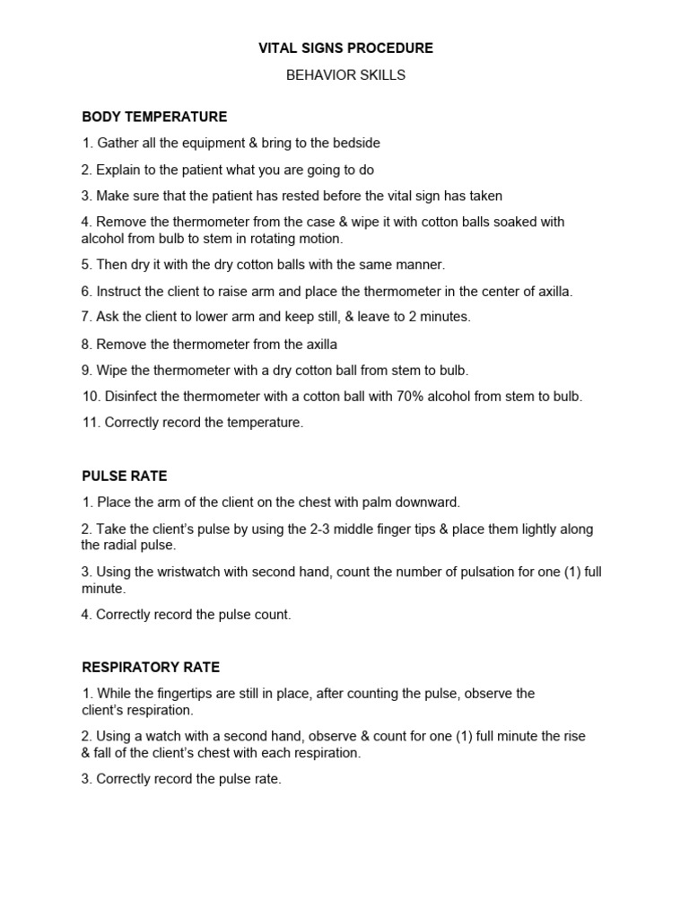 Vital Signs Procedure | PDF | Pulse