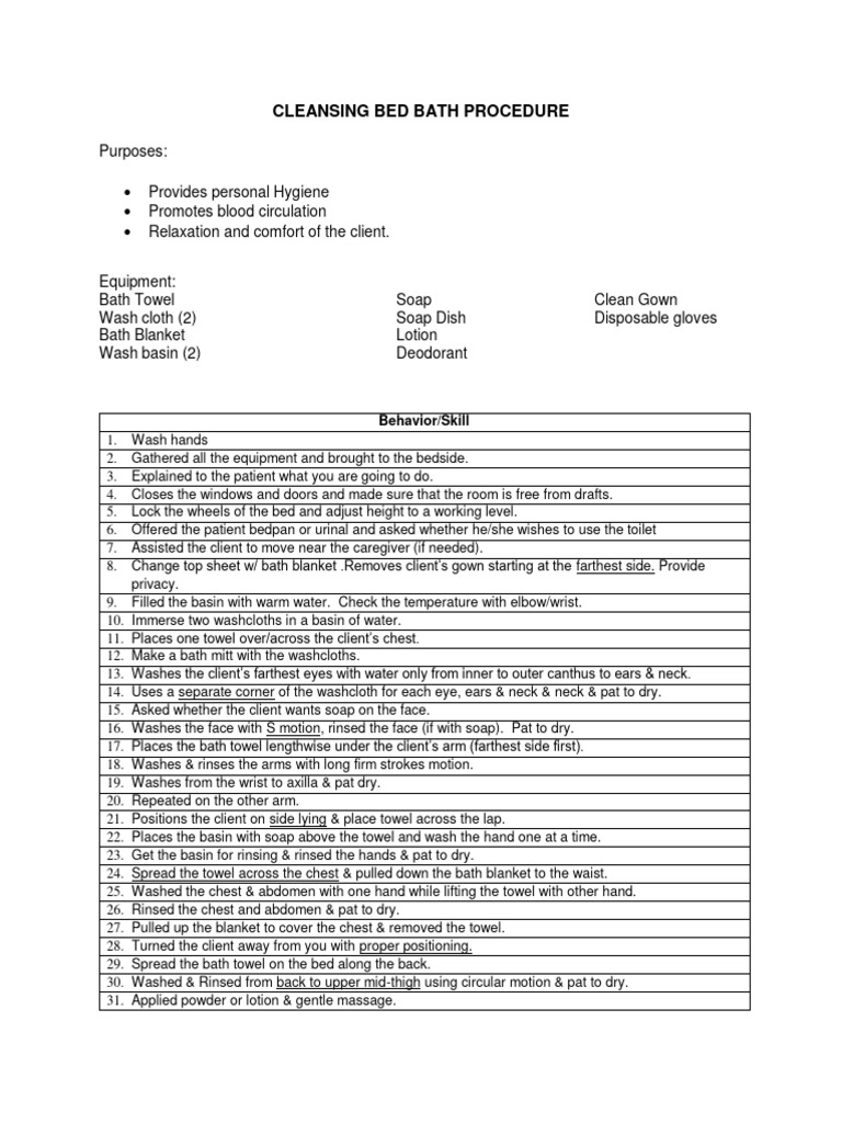 Cleansing Bed Bath Procedure | PDF | Bathing | Anatomical Terms Of Motion
