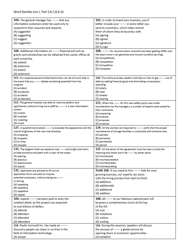 Eco 1 Word Families Test Questions | PDF