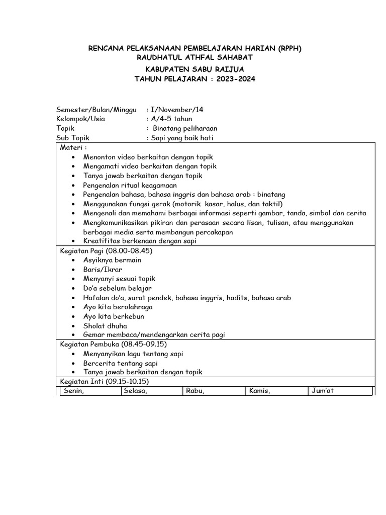 RPPH A Sapi Yang Lucu Minggu 14 | PDF