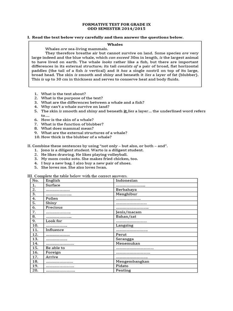 Formative Test for Grade Ix | PDF | Whales | Zoology