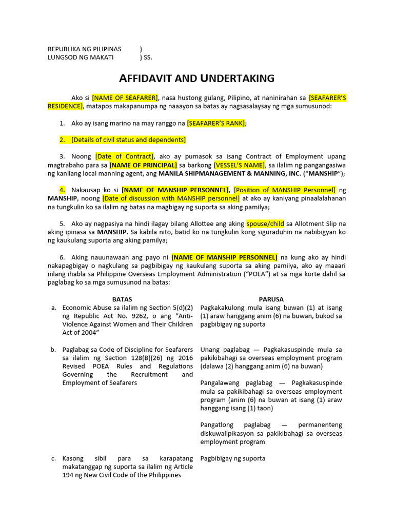 (DRAFT) Affidavit and Undertaking (Tagalog) | PDF