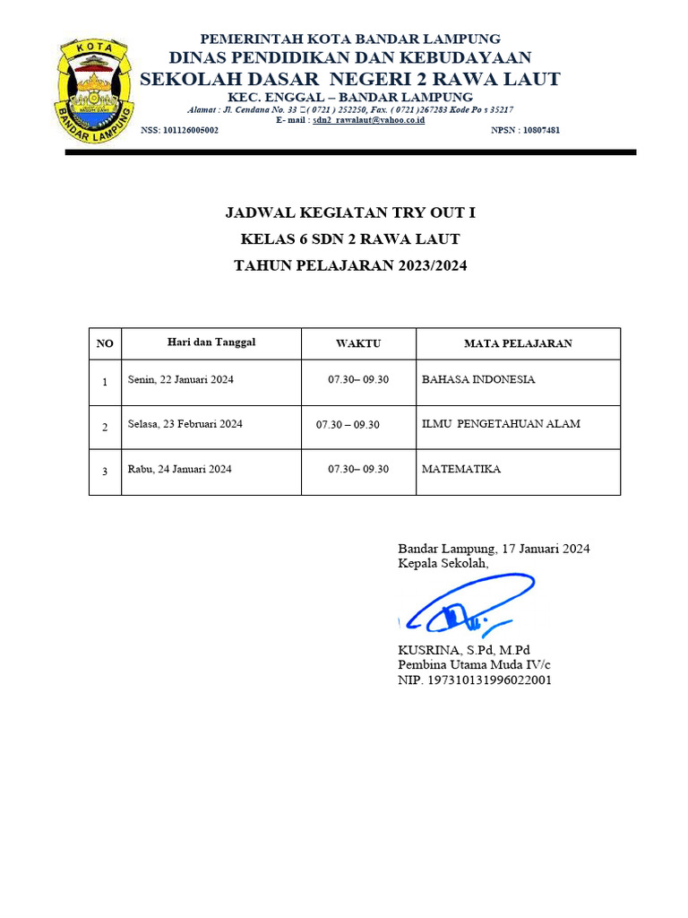 Jadwal Try Out Kelas 6 SDN 2 Rawa Laut | PDF