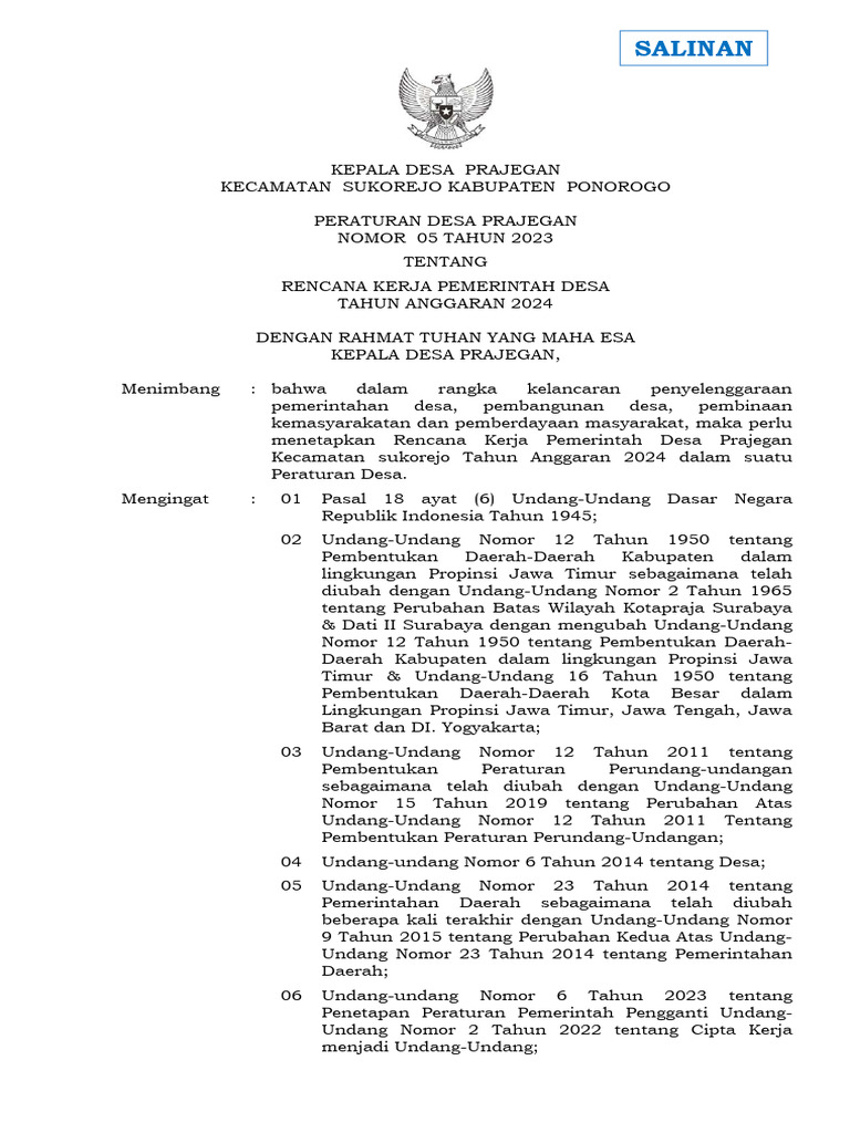 Perdes RKP Desa Tahun Anggaran 2024 | PDF