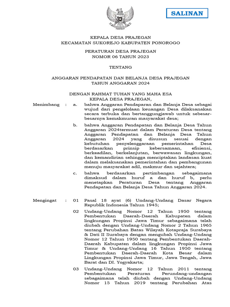 Perdes Apbdesa Tahun Anggaran 2024 | PDF