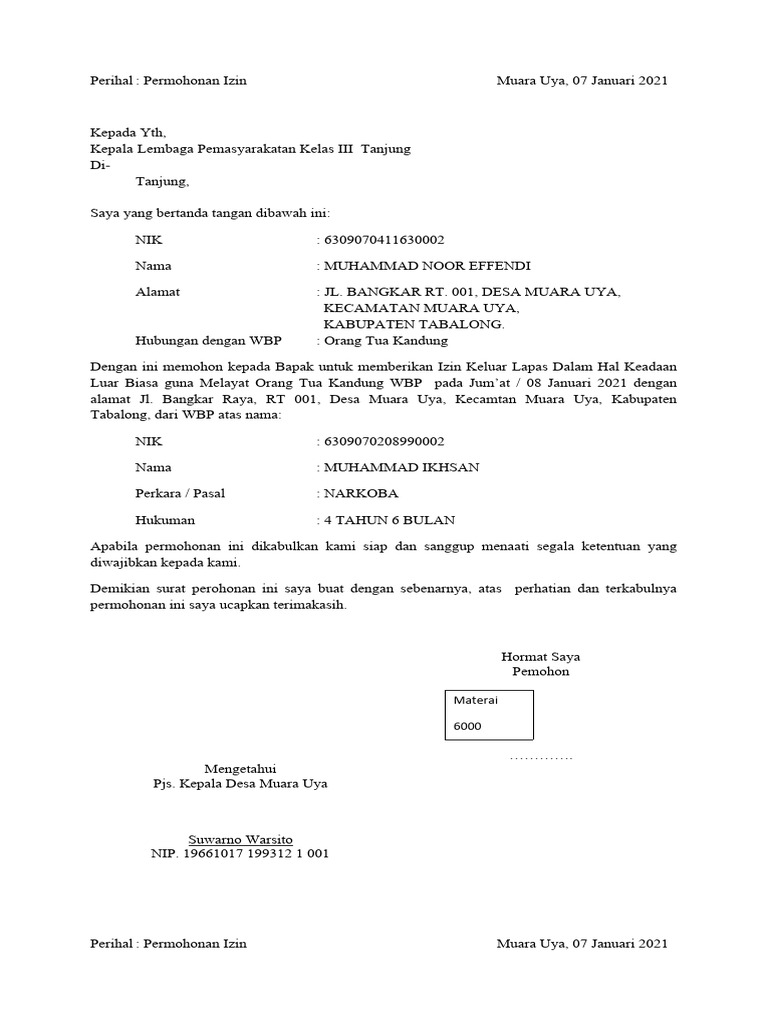 Surat Izin Keluar Lapas (Hal Luar Biasa) | PDF