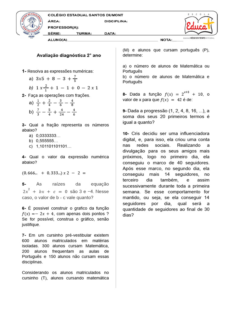 Avaliacao Diagnostica 2 Ano | PDF | Matemática | Números