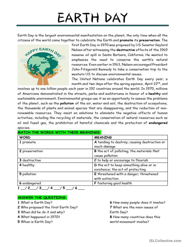 Reading - Earth Day | PDF | Conservation Biology | Pollution