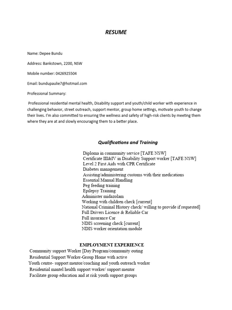 Mental Health & Disability Support Resume | PDF | Disability | Mental ...