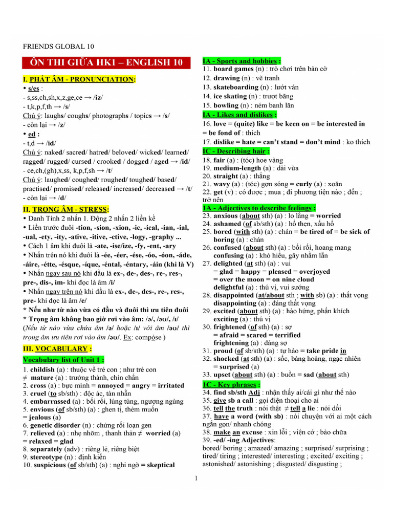 English 10 - T NG Ôn Thi Gi A HK1 - Friends Global | PDF