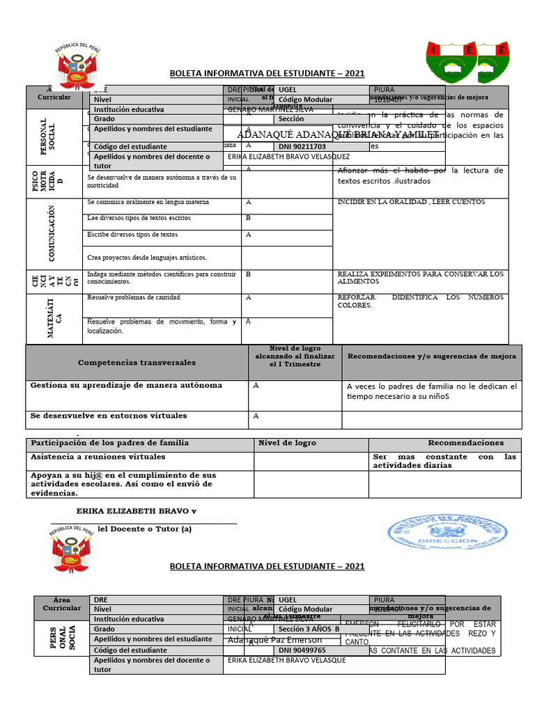 BOLETA DE NOTAS GMS INICIAL | PDF | Aprendizaje | Maestros