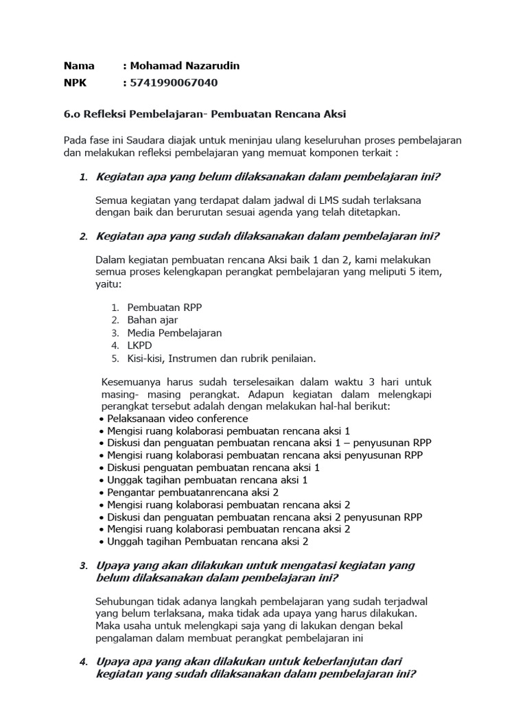 6.o Refleksi Pembelajaran - Pembuatan Rencana Aksi | PDF | Karier & Perkembangan