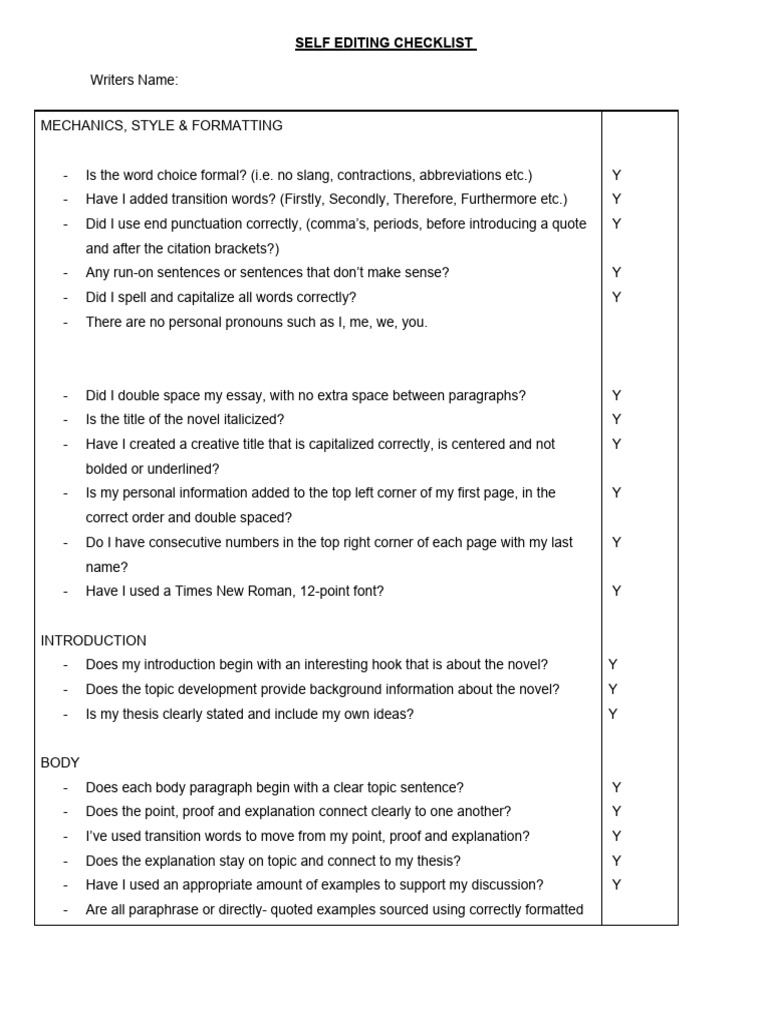 SELF EDITING CHECKLIST | PDF | Citation | Paragraph