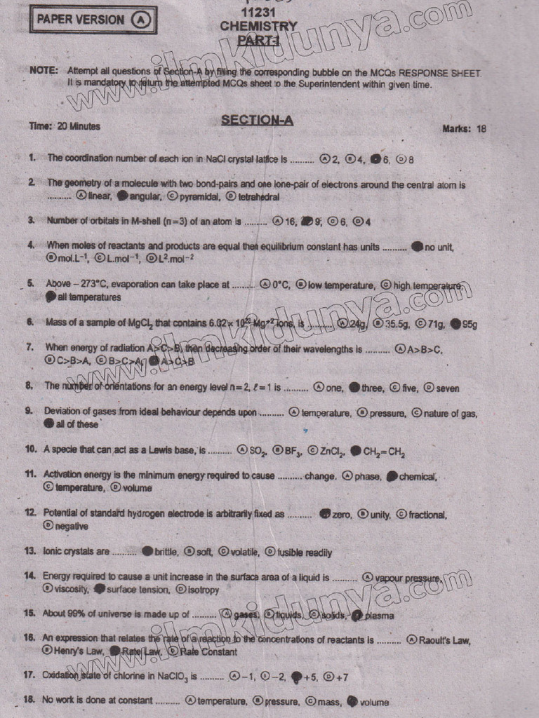 Past Paper 2023 Abbottabad Board Inter Part I Chemistry Objective | PDF