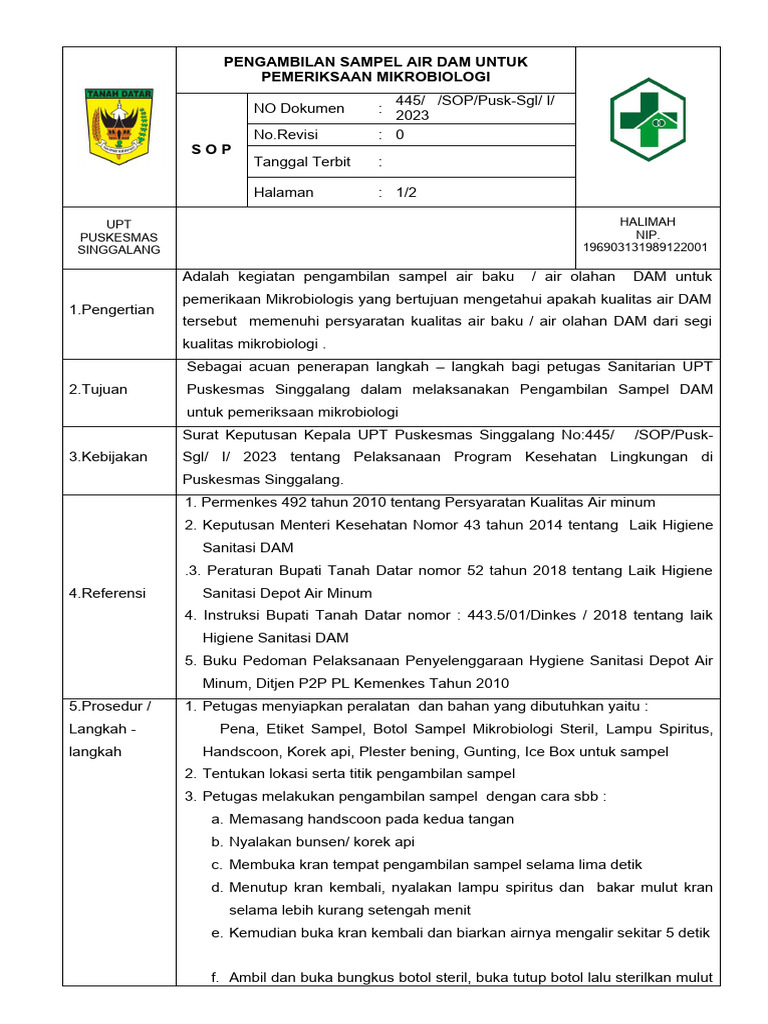 2.SOP PENGAMBILAN SAMPEL AIR DAM Untuk Pemeriksaan Mikrobiologi | PDF