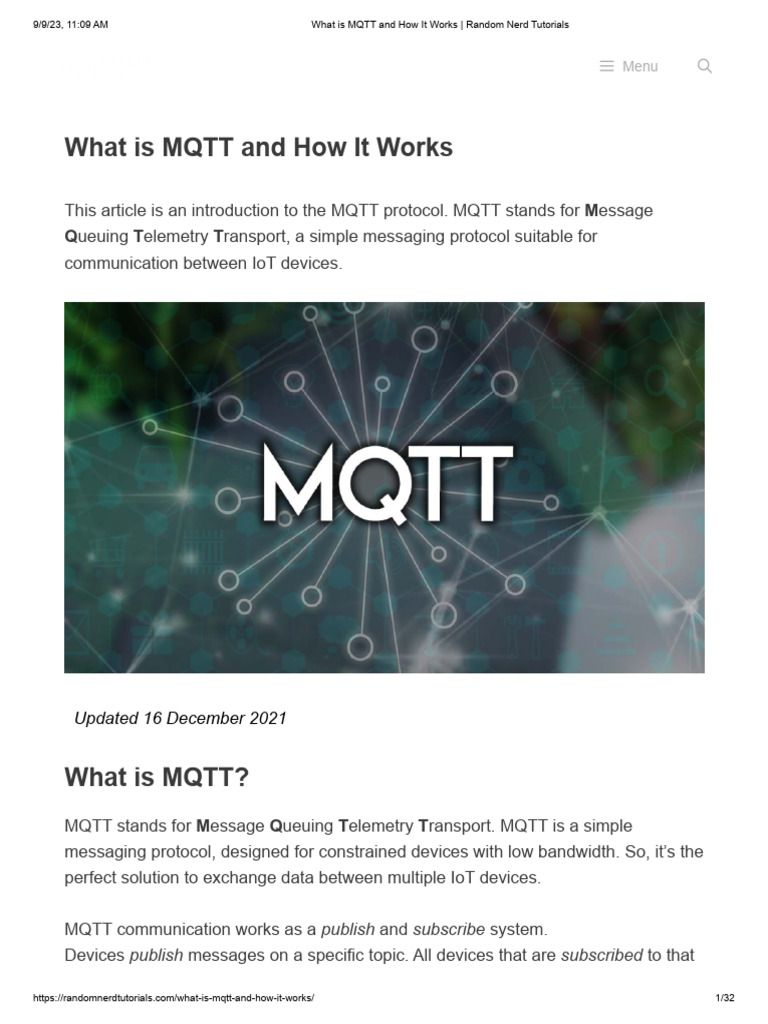 What Is MQTT and How It Works - Random Nerd Tutorials | PDF | Cyberspace | Telecommunications