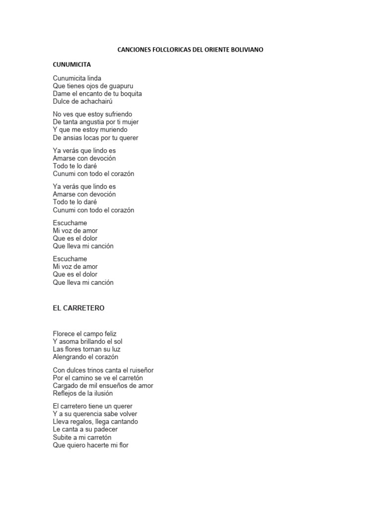 Canciones Folclóricas del Oriente Boliviano | PDF