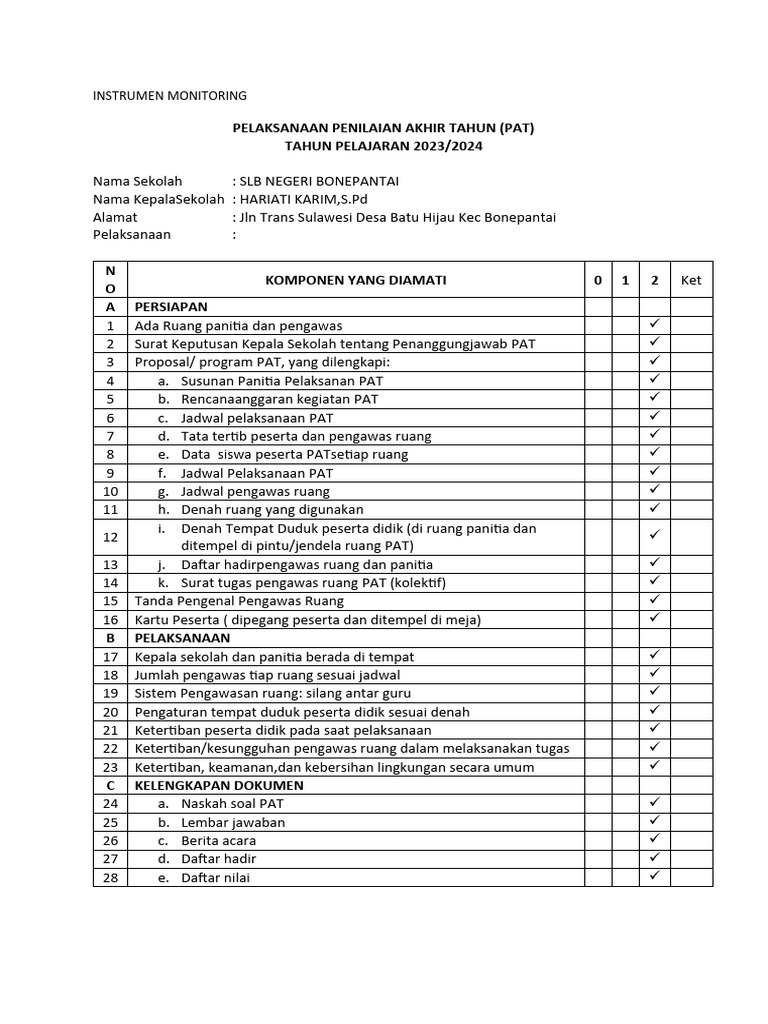 Instrumen Monev Pat - 2024 | PDF