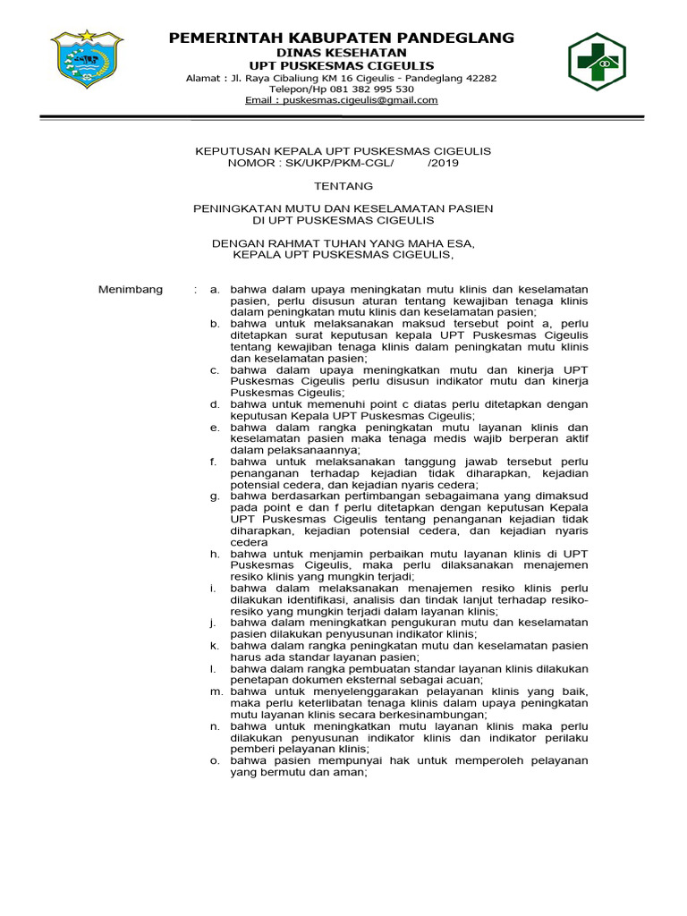 SK Peningkatan Mutu Dan Keselamatan Pasien | PDF