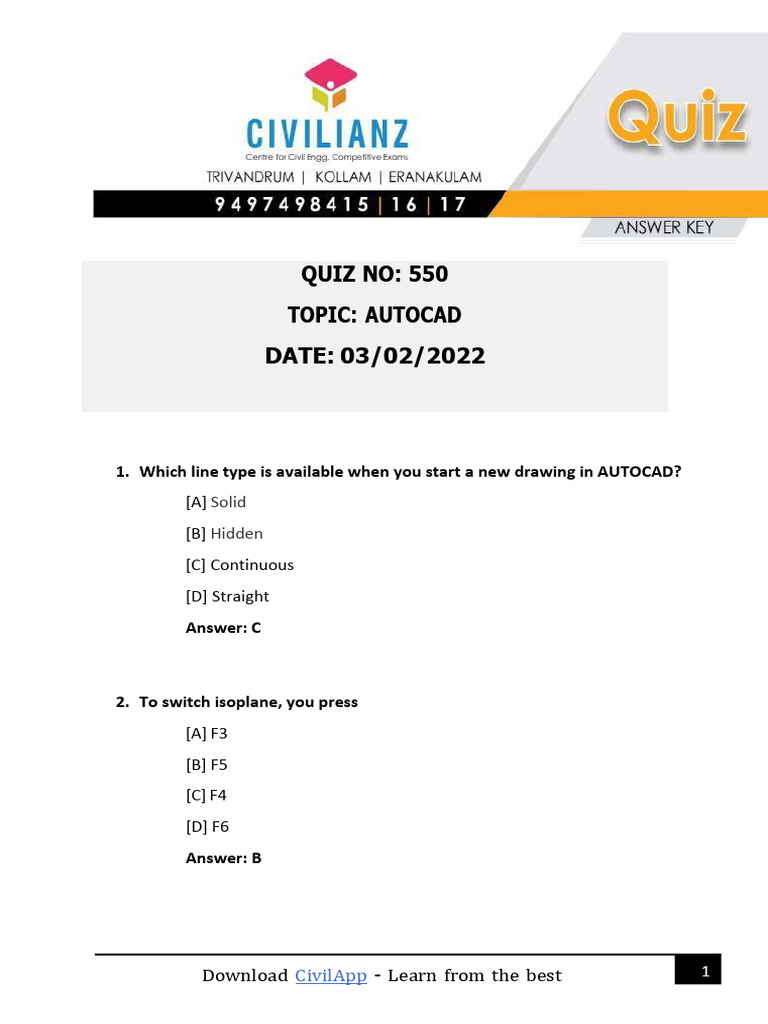 Autocad Civilianz-Quiz-Answer-Key-550 | PDF