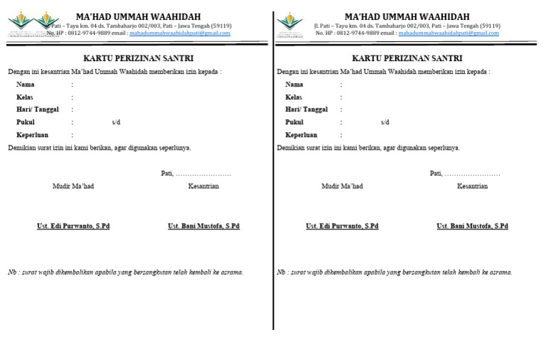 Kartu Izin Santri Ma'had | PDF