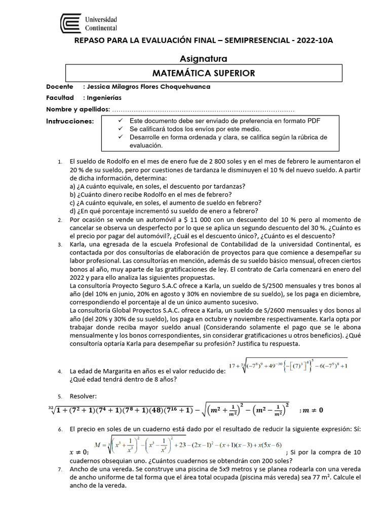 Evaluación Final, Matematica Superior | PDF