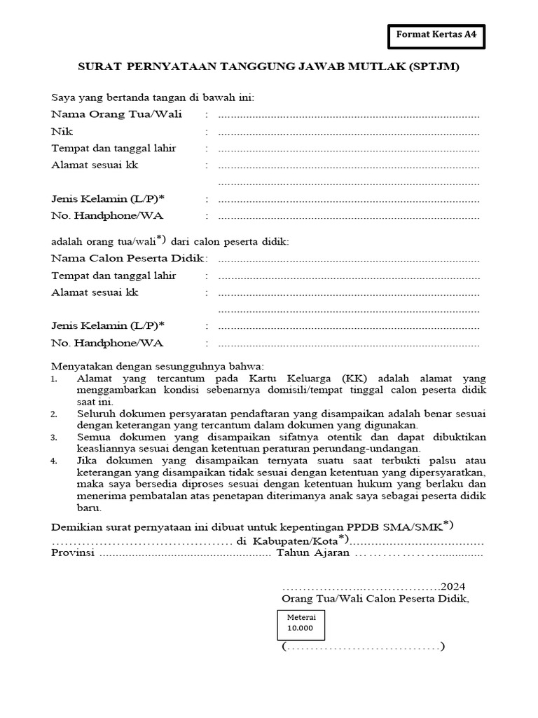 Surat Pernyataan Tanggung Jawab Mutlak Orang Tua | PDF Surat Pernyataan Tanggung Jawab Mutlak Orang Tua | PDF