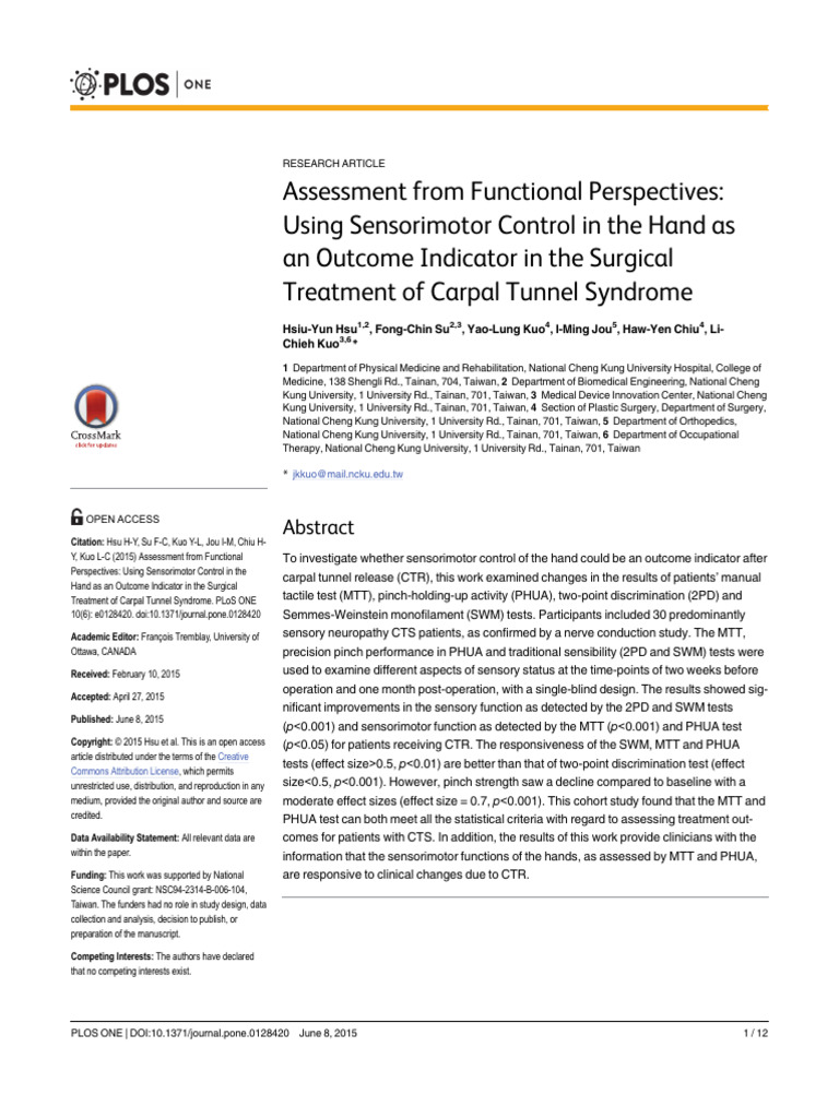 2015 Sensorimotor Control in The Hand As An Outcome Indicator | PDF | Carpal Tunnel Syndrome ...