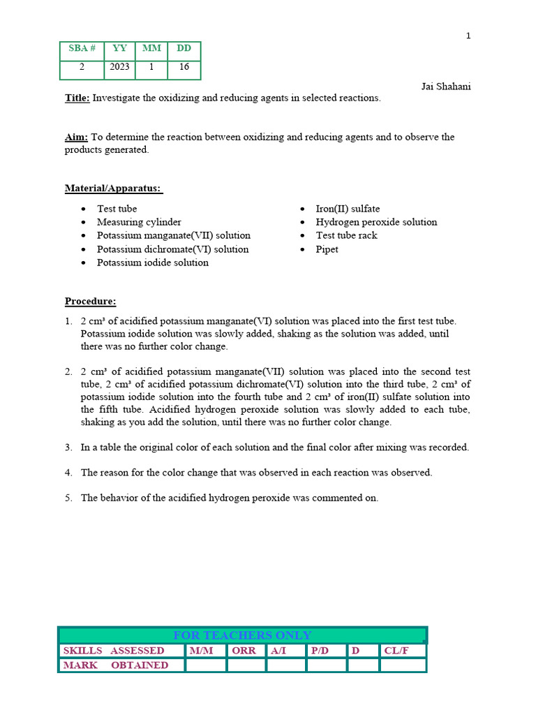 Chem SBA Testing For Oxidaizing Agents | PDF | Redox | Chemical Reactions