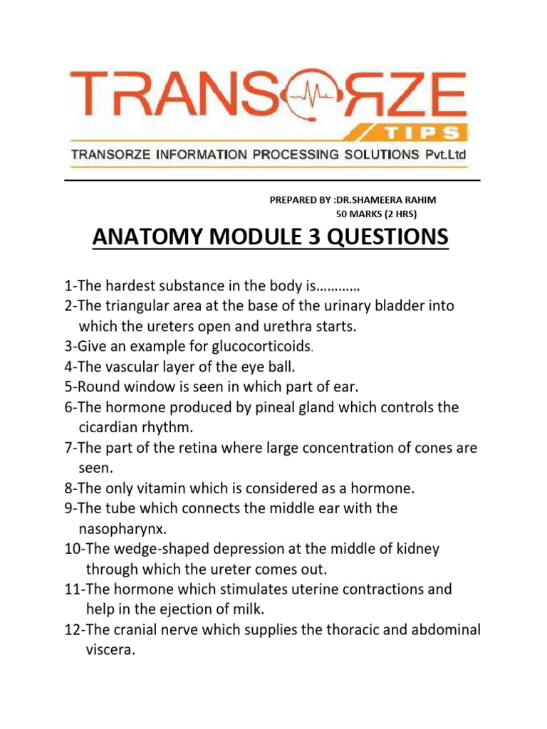 Anatomy Module 3 Questions New (Pathology) | PDF | Human Body | Kidney