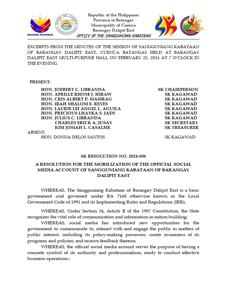 SK Resolution No. 2024-006 | Download Free PDF | Government