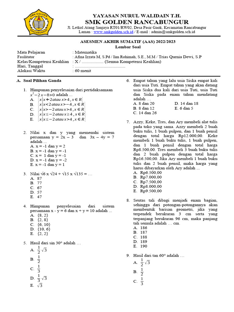 Soal Aas Matematika X - Team Teaching - 2022-2023 | PDF