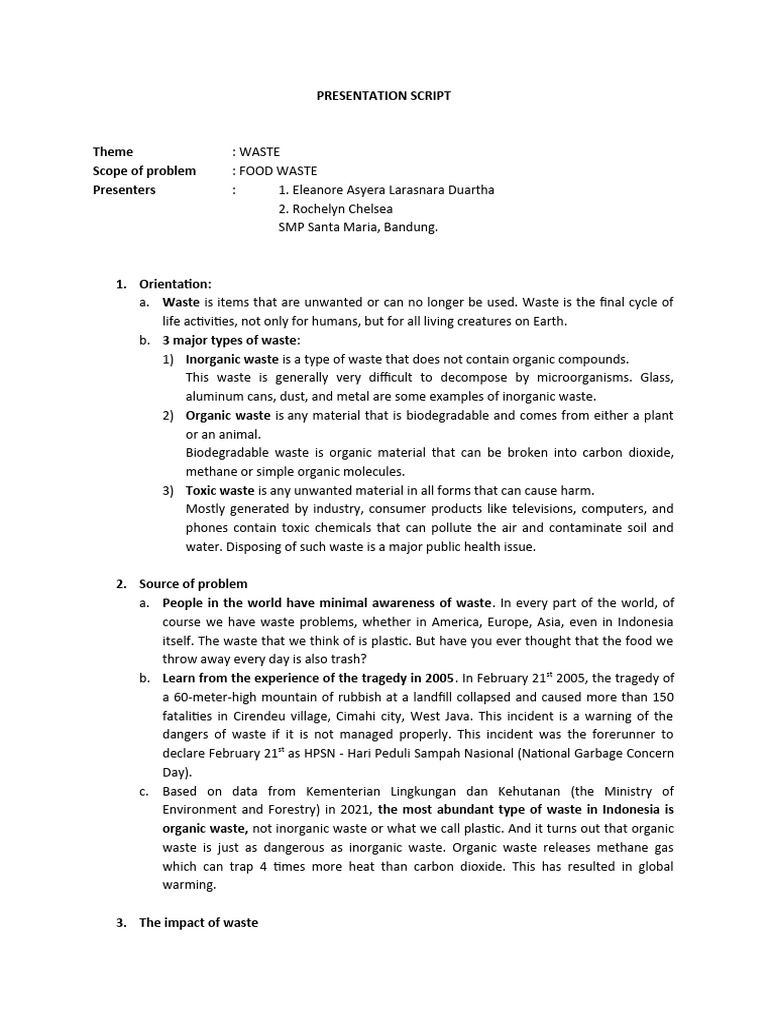 (Editted by Ms. Syera) WASTE - Presentation Script - Asyera & Chelyn - SMP Santa Maria Bandung ...