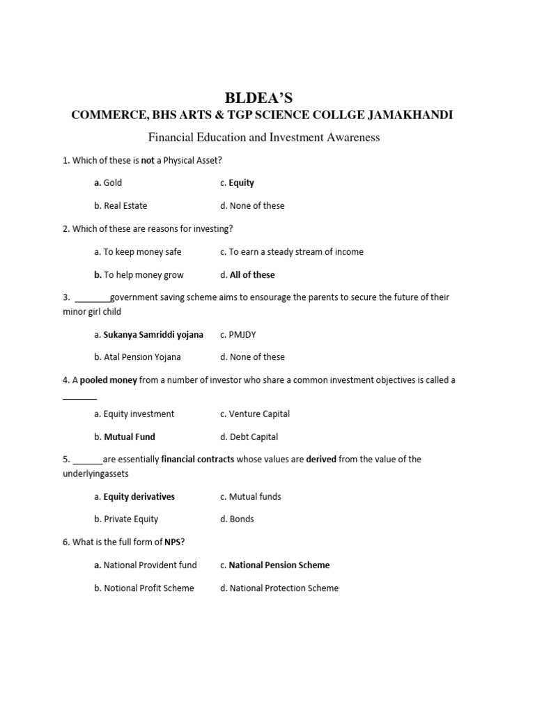 Financial Education & Investment Quiz | PDF | Investing | Stocks