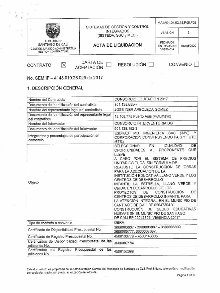 ACTA DE LIQUIDACION CONTRATO No. SEM IF - 4143.010.26.029-2017 ...
