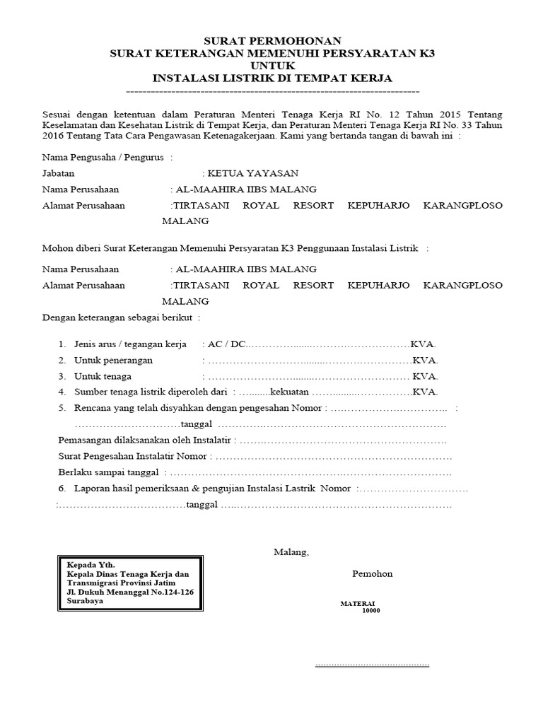 Permohonan Keterangan K3 Instalasi Listrik | PDF | Bisnis | Komputer