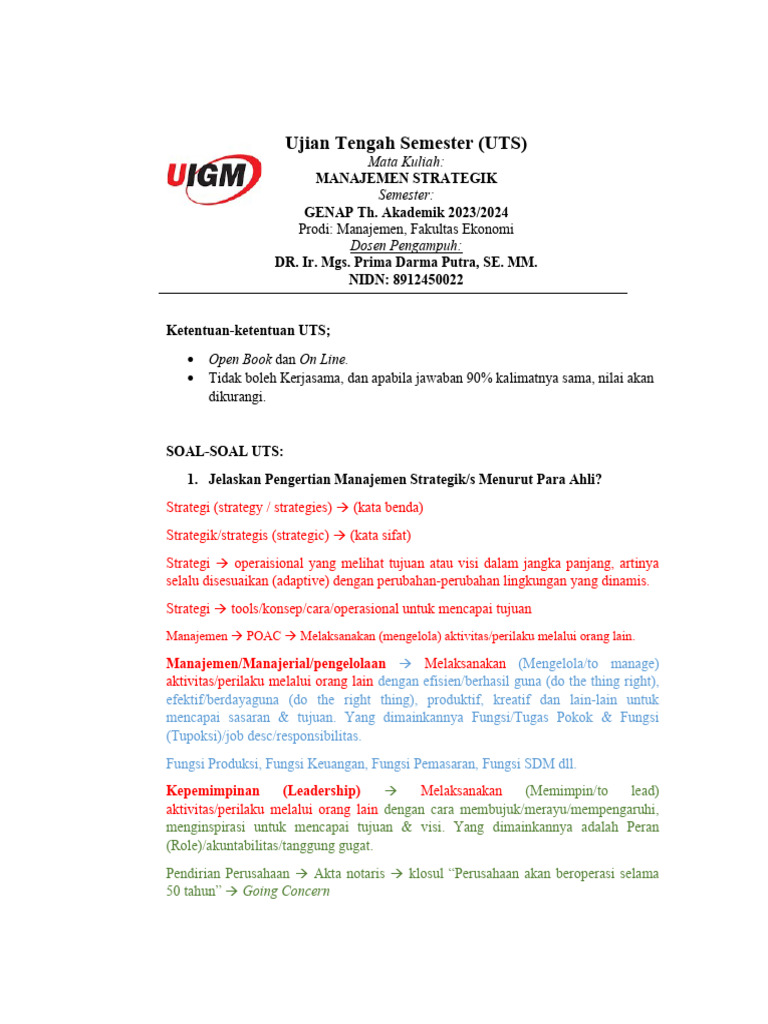 Sesi 12 UTS Manajemen Strategik Genap 2023-2024-Kelas Regular Rabu 0800-1030 | PDF