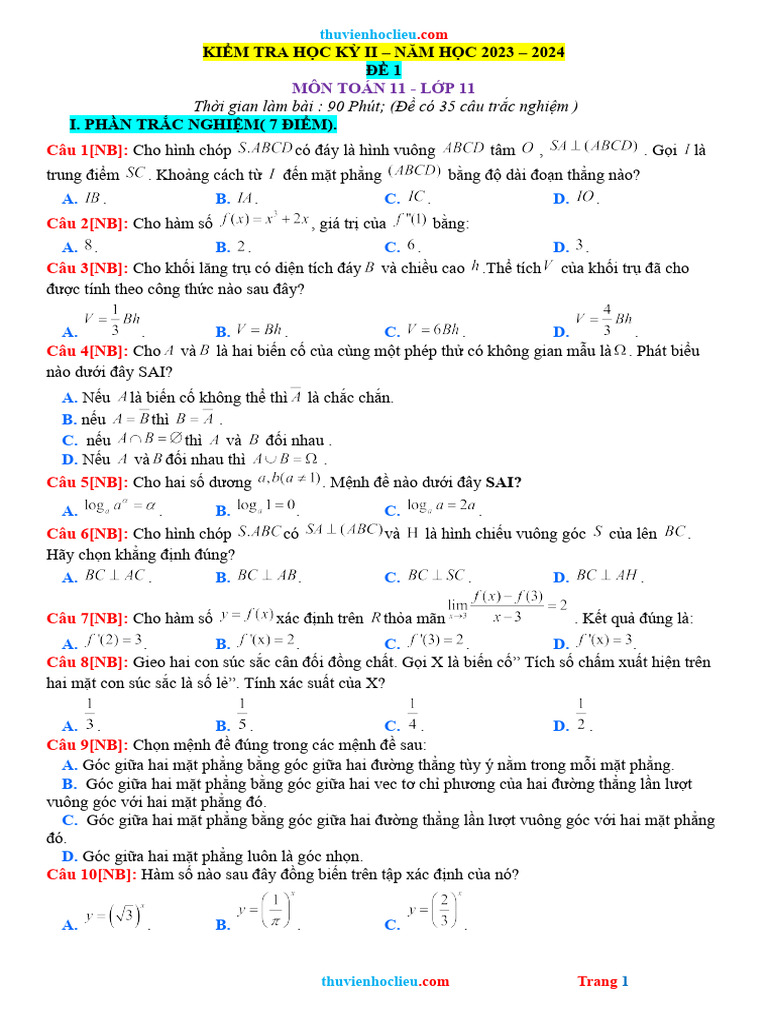 Bo de Kiem Tra HK2 Toan 11 KNTT | PDF
