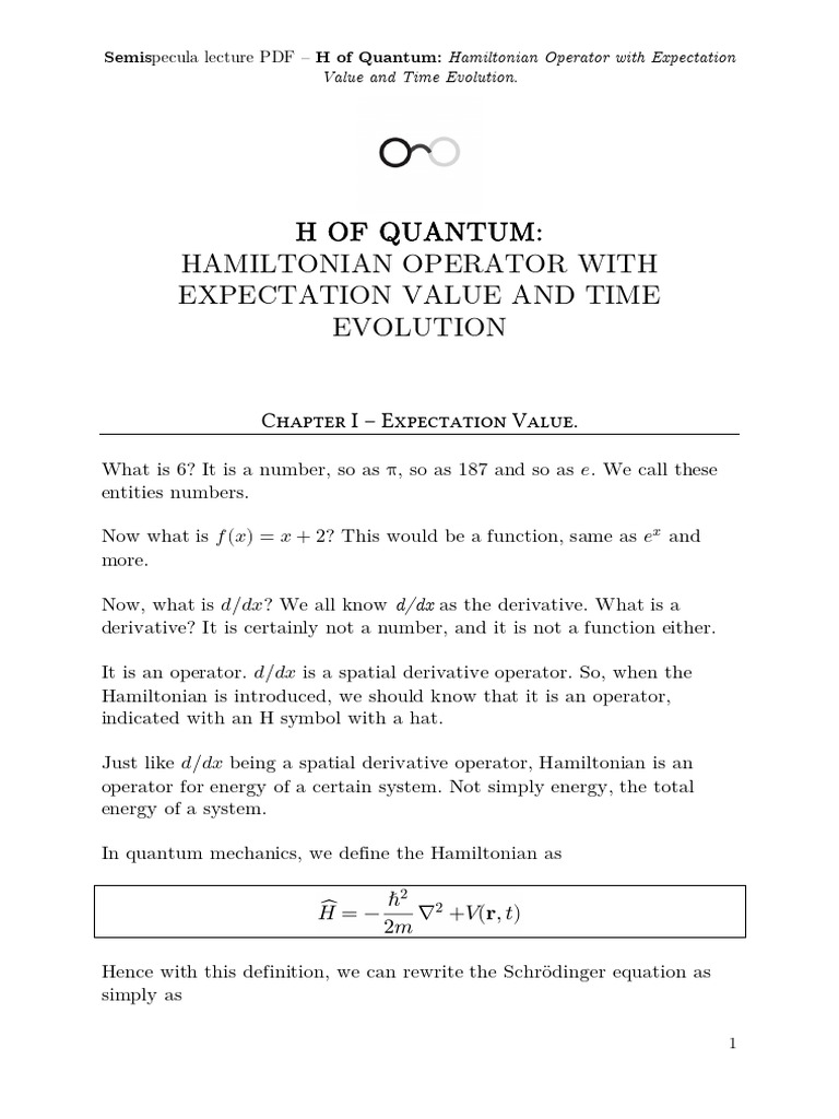 Semispecula Lecture PDF - H of Quantum, Hamiltonian Operator With Expectation Value and Time ...