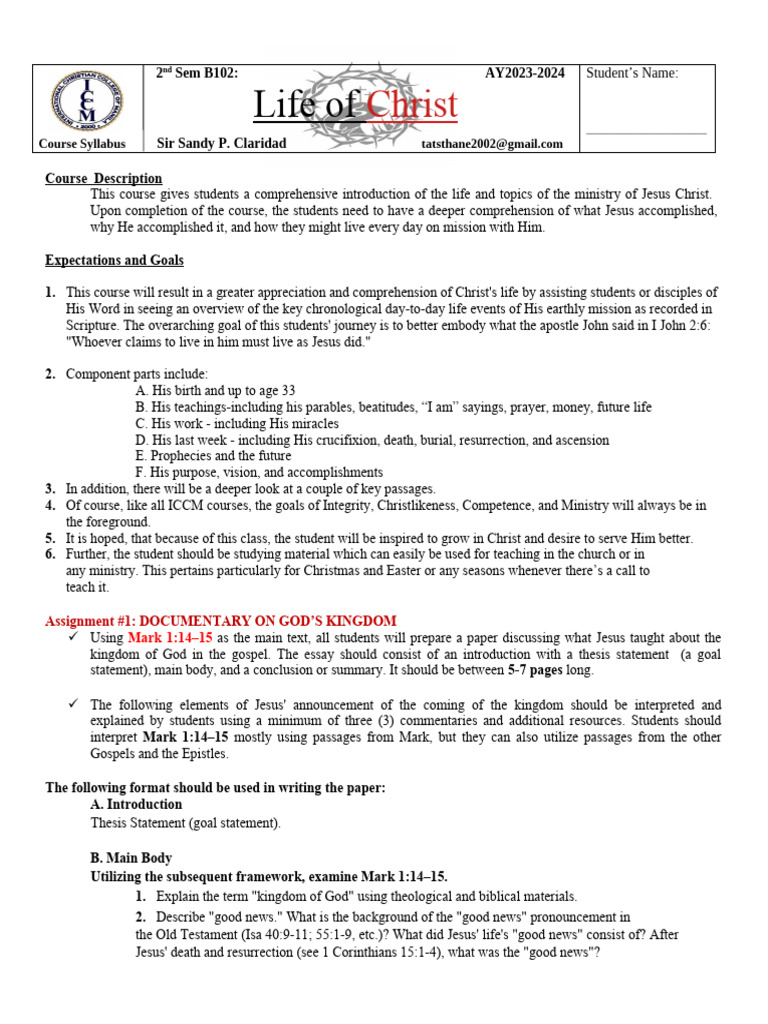 Life of Christ Course Syllabus | PDF | Gospel Of Mark | Jesus