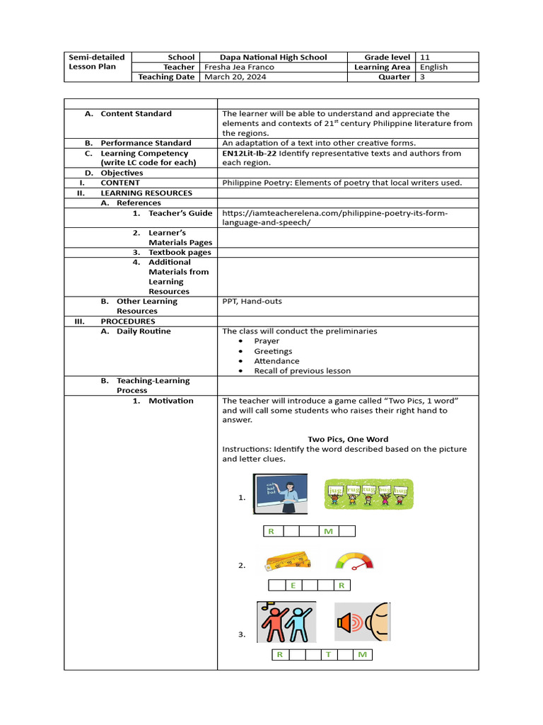 Lesson Plan 21st century literature | PDF | Poetry | Senses Lesson Plan 21st century literature | PDF | Poetry | Senses