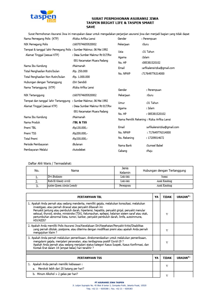Form Spaj Bundling TBL TSS | PDF