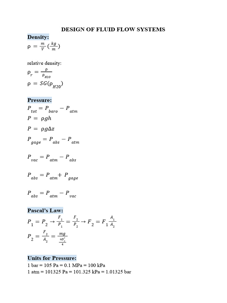Formulario - Design of Fluid Flow Systems | PDF | Pascal (Unit) | Pressure