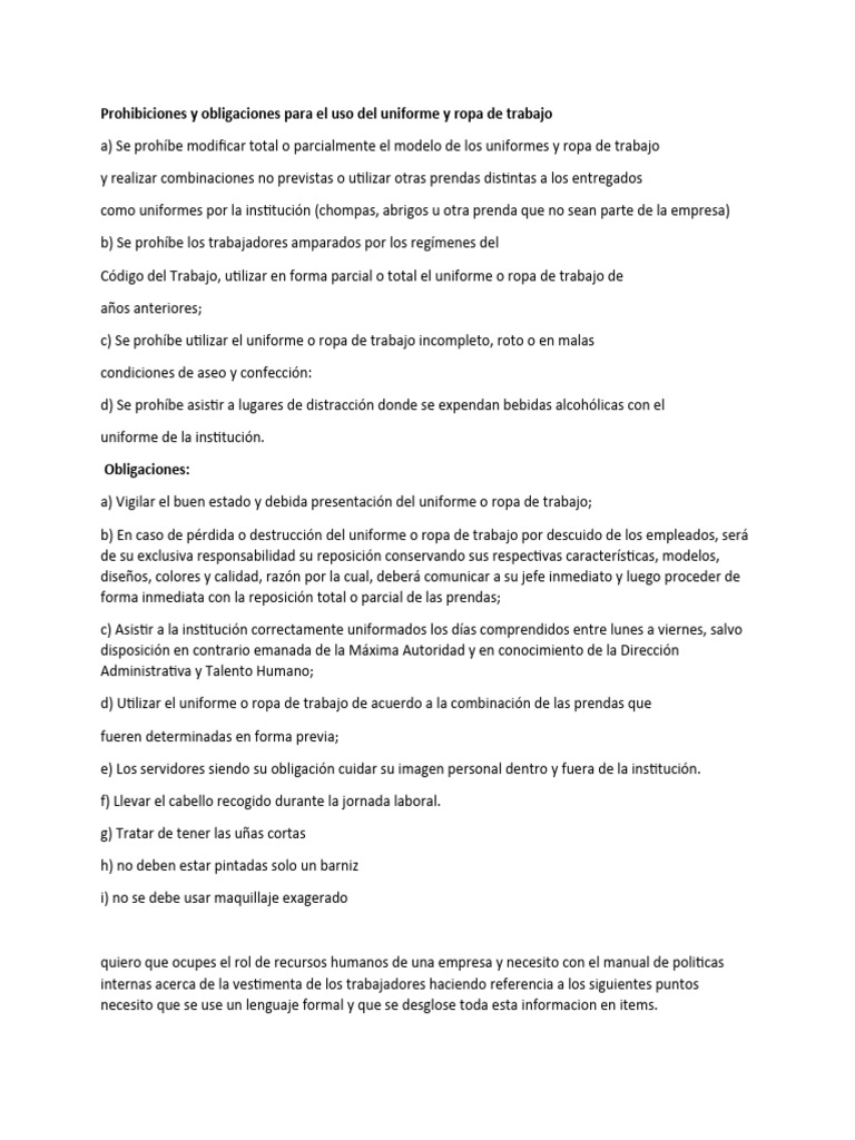 Prohibiciones y Obligaciones para El Uso Del Uniforme y Ropa de Trabajo ...