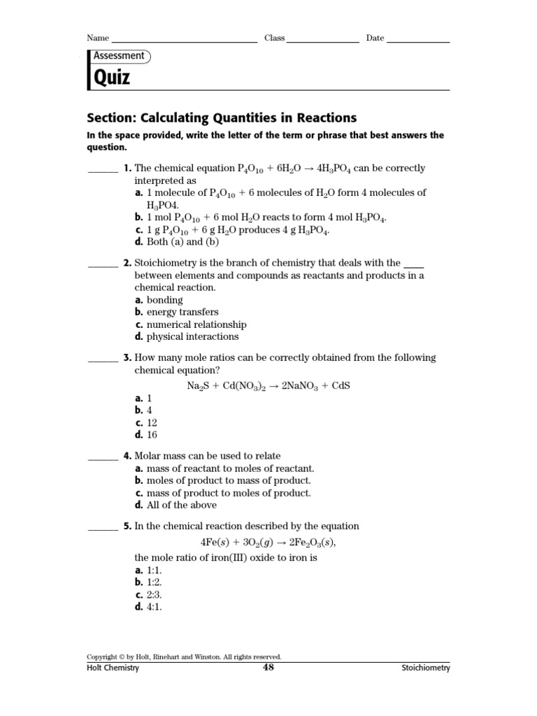 Chapter 9 Quiz | PDF | Stoichiometry | Mole (Unit)