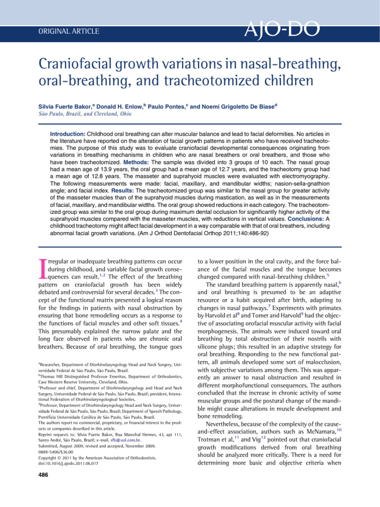 Craniofacial Growth Variations in Nasal-Breathing, Oral-Breathing, and ...