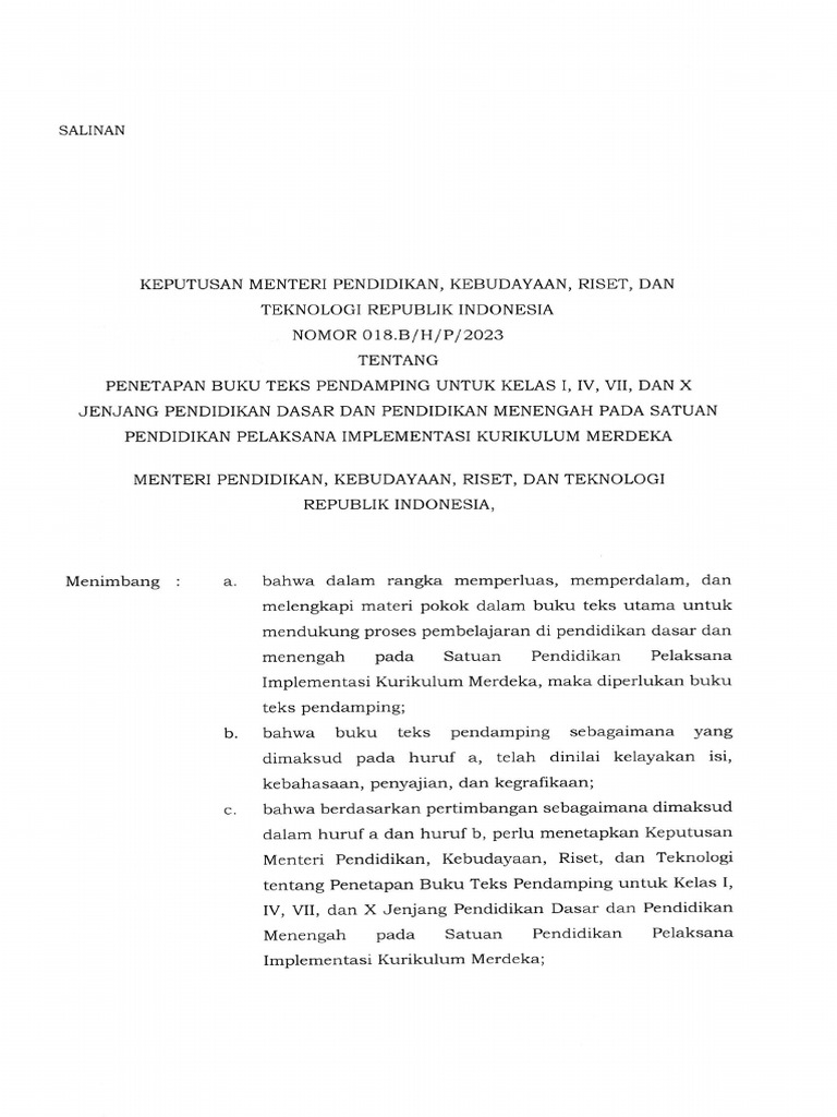 Salinan SK Nomor 018.B - H - P - 2023 Tentang Penetapan Buku Teks Pendampingan Untuk Kelas I.IV ...