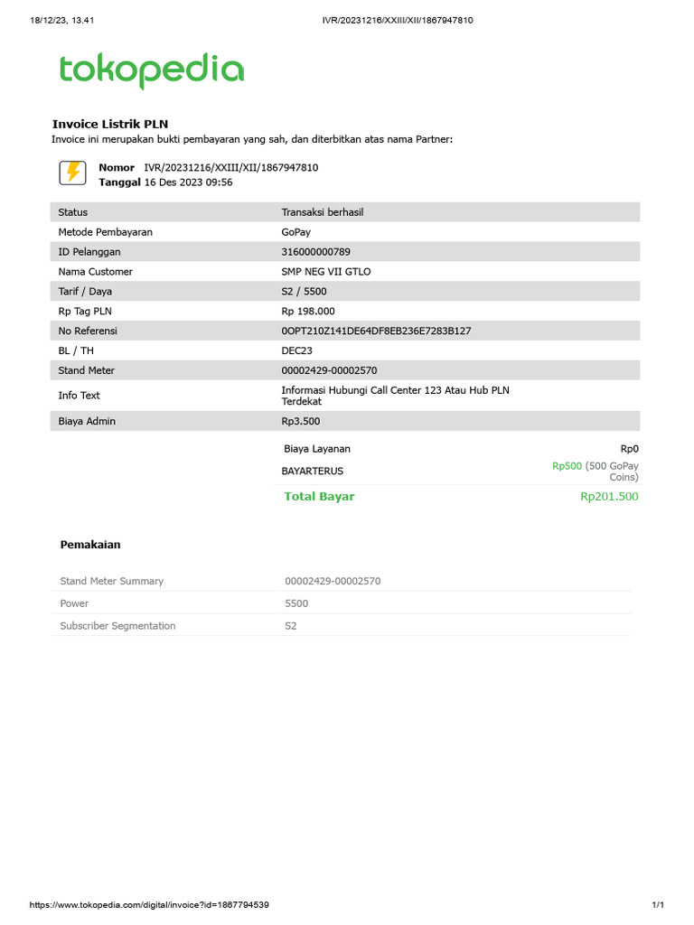 Invoice Listrik PLN: Nomor IVR/20231216/XXIII/XII/1867947810 Tanggal 16 Des 2023 09:56 | PDF
