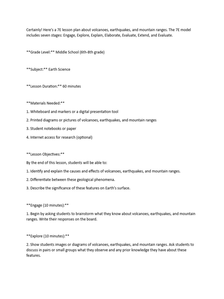 Lesson Plan About Volcanoes, Earthquakes and Mountain Ranges | PDF ...
