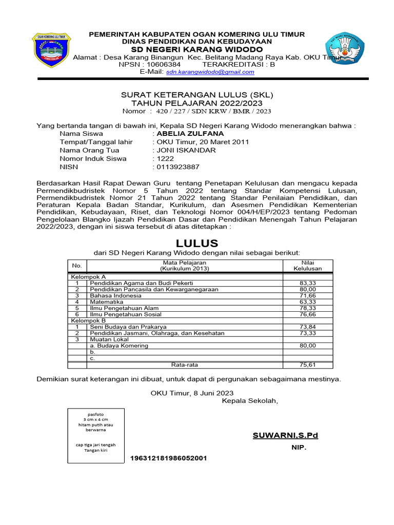 Blangko SKL SD Negeri Karang Widodo | PDF